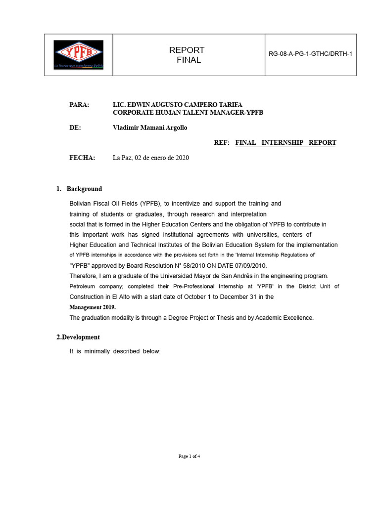 FINAL INTERNSHIP REPORT (YPFB) | PDF