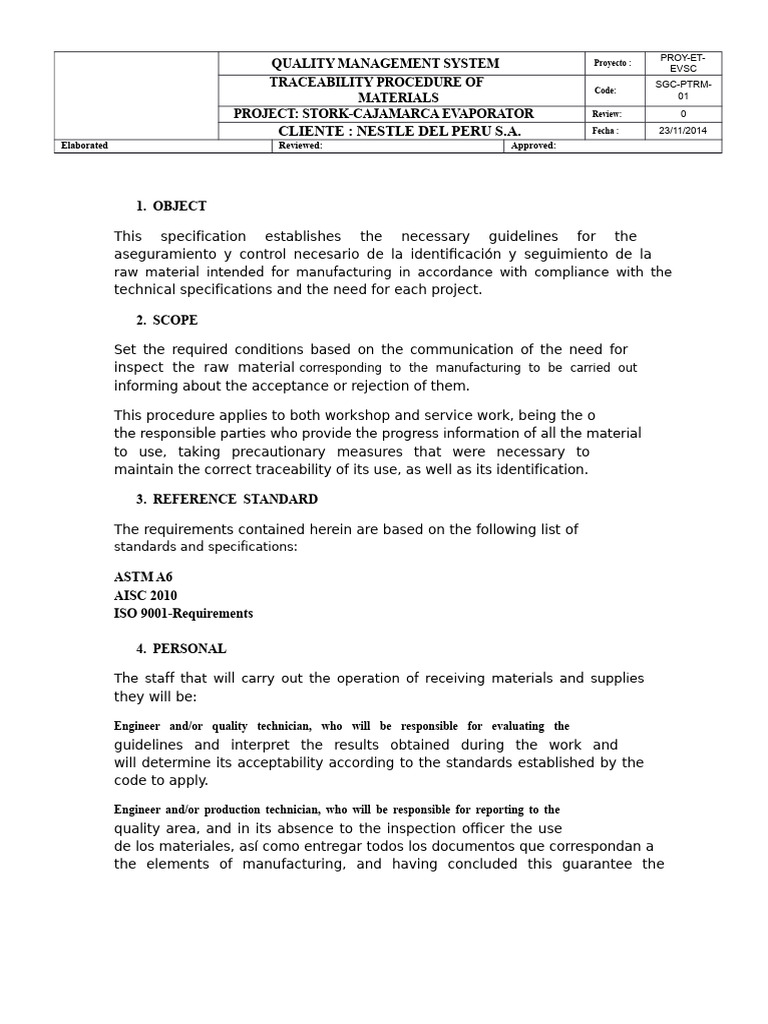 Material Traceability Procedure Guide | PDF | Specification (Technical ...