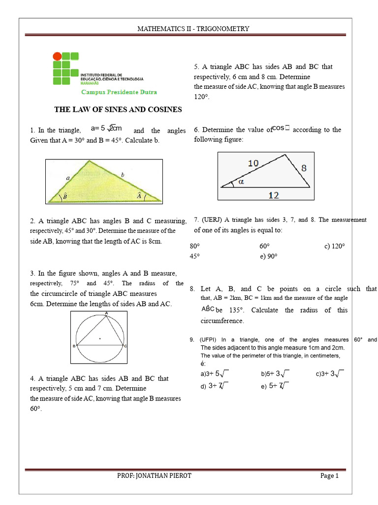 Exercise Law of Sines and Cosines | PDF | Trigonometry | Trigonometric ...