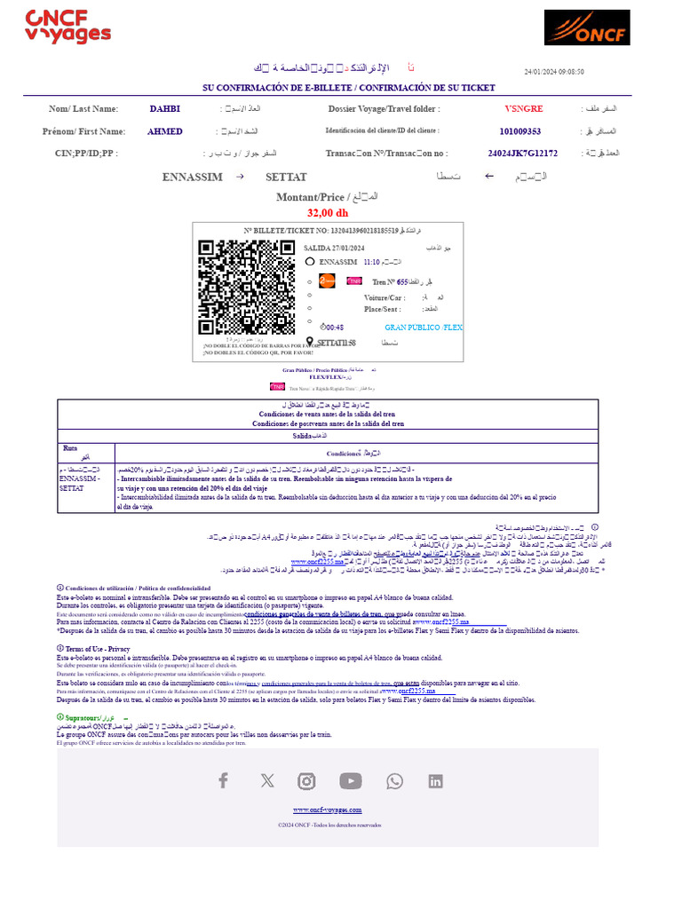 Confirmación de E-Billete ONCF | PDF