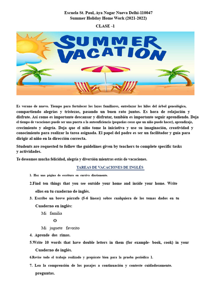 Tareas de Vacaciones de Verano de Clase 1 (Nuevas) | PDF