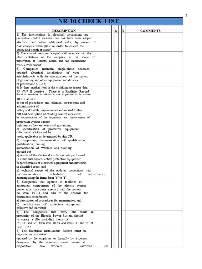 NR-10 Electrical Safety Checklist | PDF | Safety | Occupational Safety ...