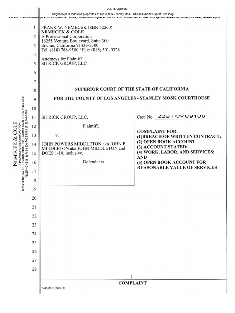 Tribunal de Stanley Mosk - Caso 22STCV09106 | PDF