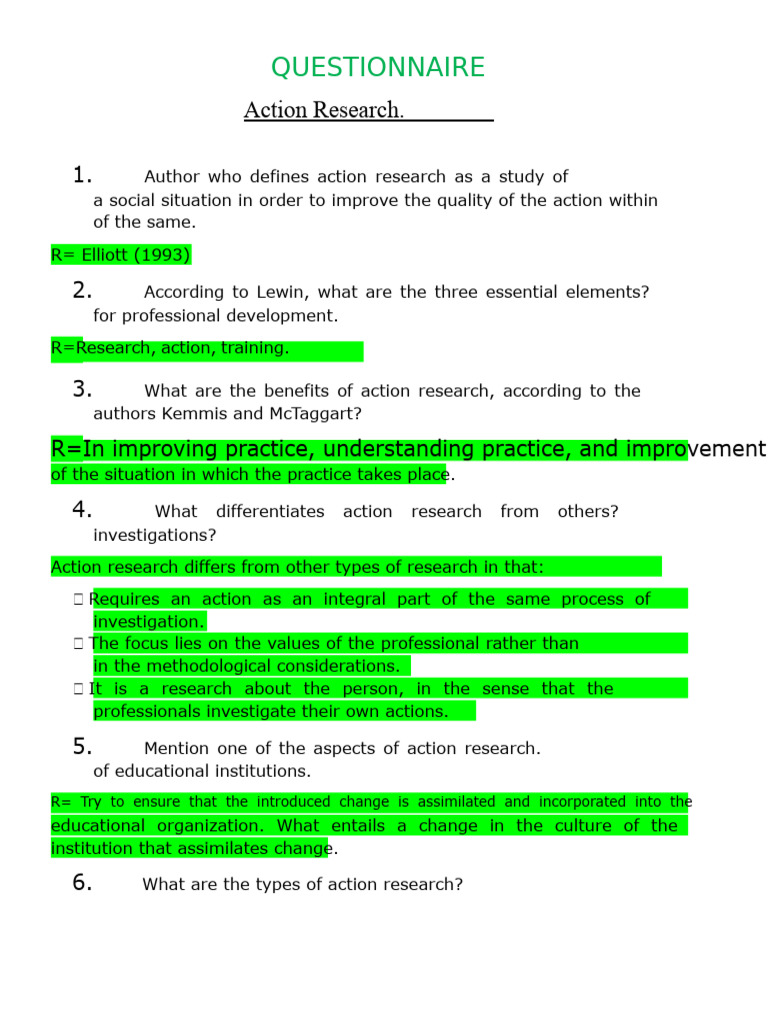 Action Research QUESTIONNAIRE | PDF