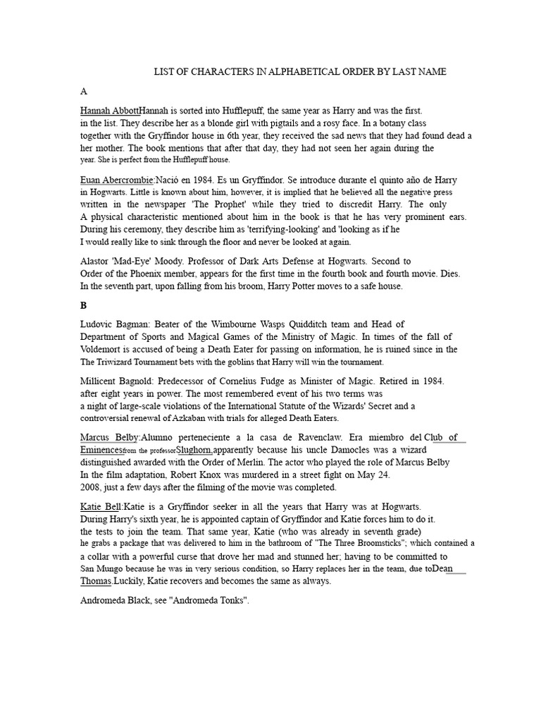 Alphabetical Character List by Last Name | PDF | Contemporary Fantasy ...