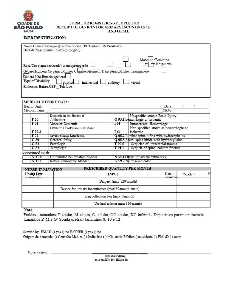 Registration Form For Individuals Receiving Urinary and Fecal ...