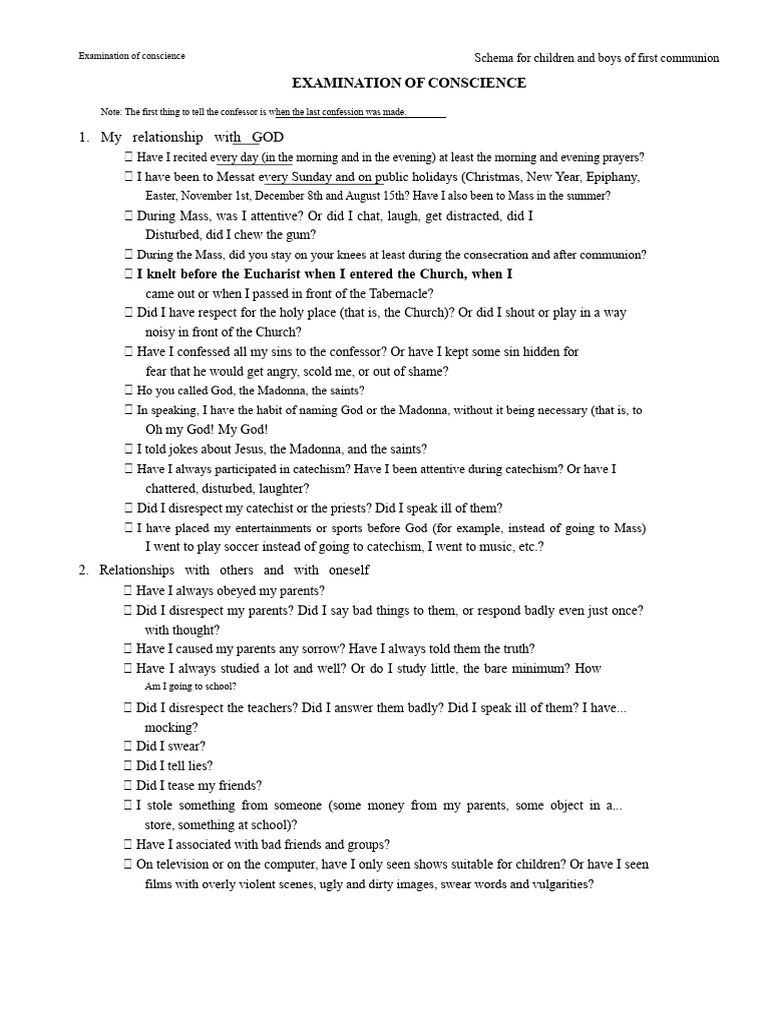 Examination of conscience for children and teenagers | PDF | Confession ...