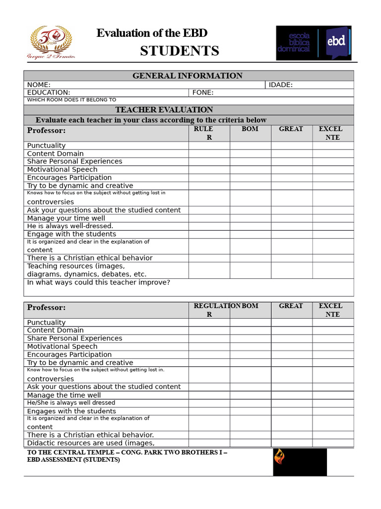 Evaluation Ebd Student Pdf Evaluation Teachers