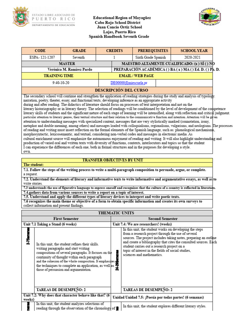 Seventh Grade Spanish Handbook 2020-2021 | PDF | Reading Comprehension ...