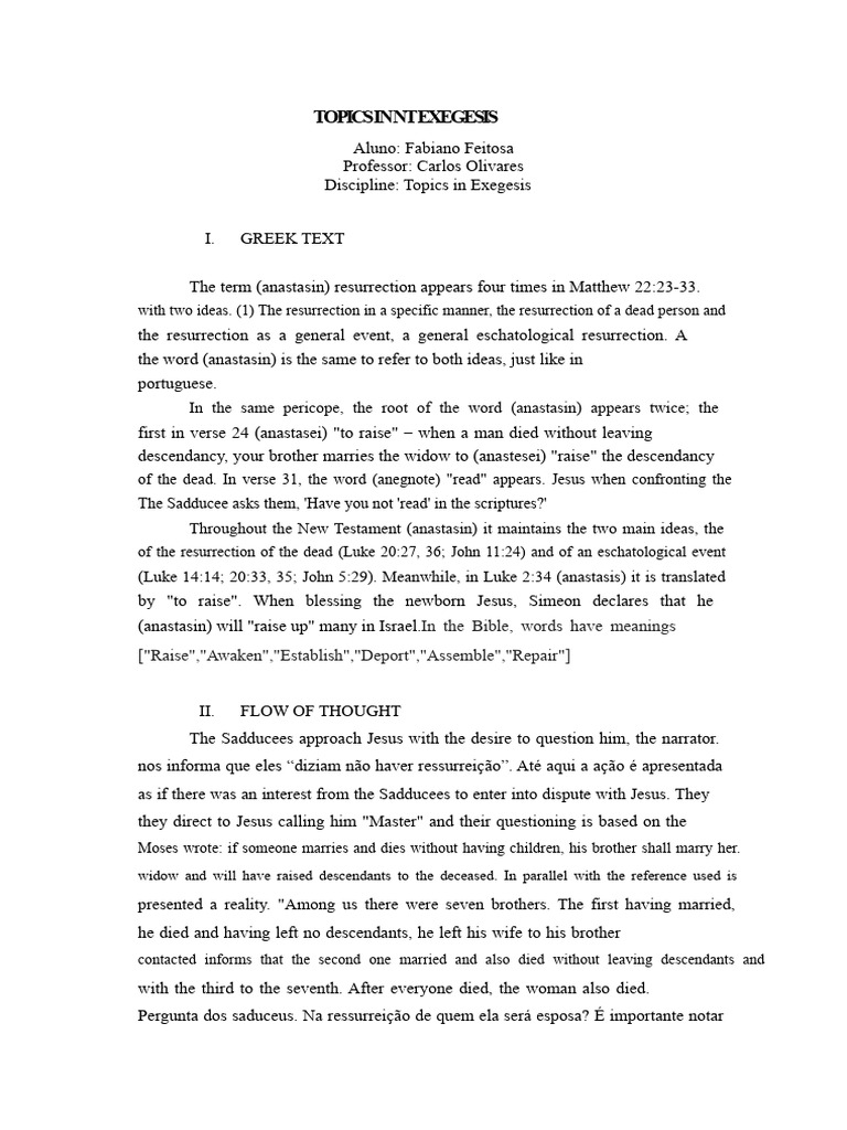 Exegesis NT - Matthew 22:23-33 | PDF | Gospel Of Matthew | Jesus