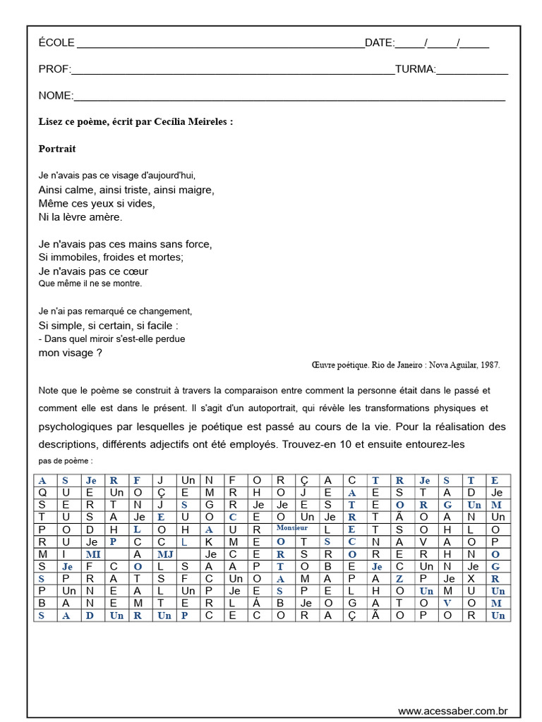 Activité de Portugais Adjectifs Mots Croisés 7ème Année Réponses | PDF