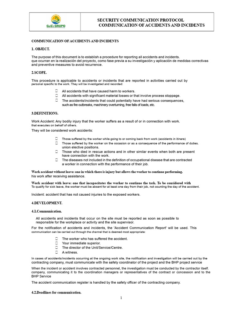 SECURITY COMMUNICATION PROTOCOL FOR ACCIDENTS AND INCIDENTS | PDF ...