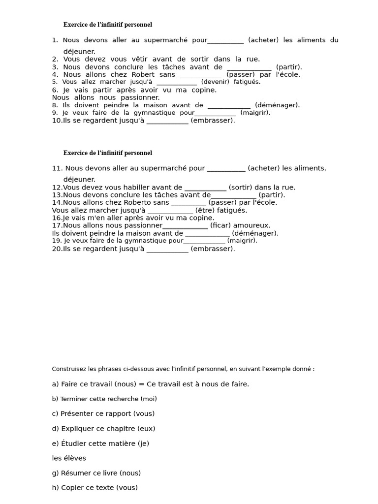 Exercices sur l'infinitif personnel | PDF | Verbe | Phrase