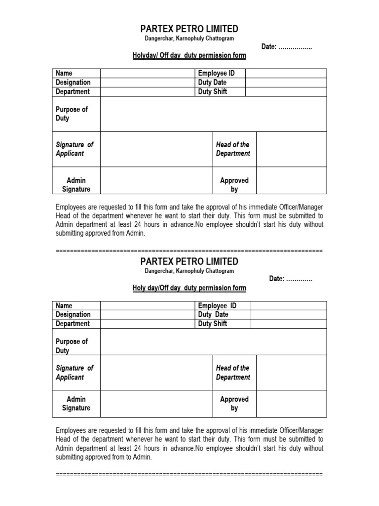 Off Day Permission From | PDF