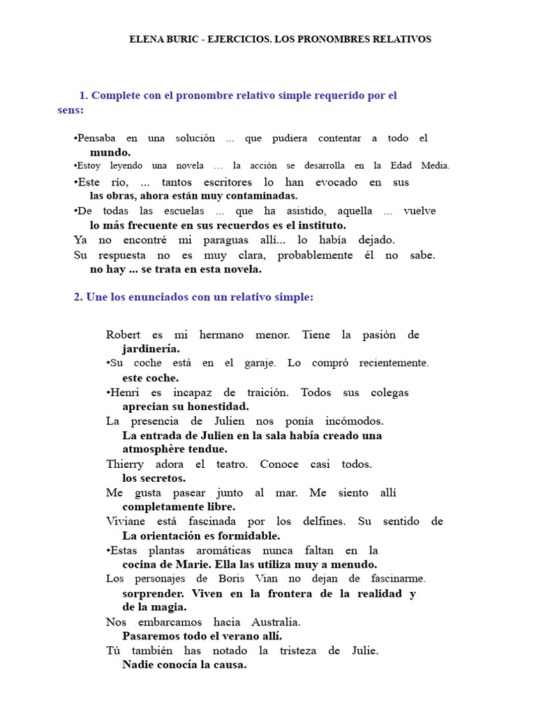 Ejercicios. Los Pronombres Relativos | PDF