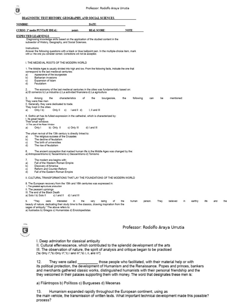 Diagnostic Test 1 Medium History | PDF | Humanism | Absolute Monarchy