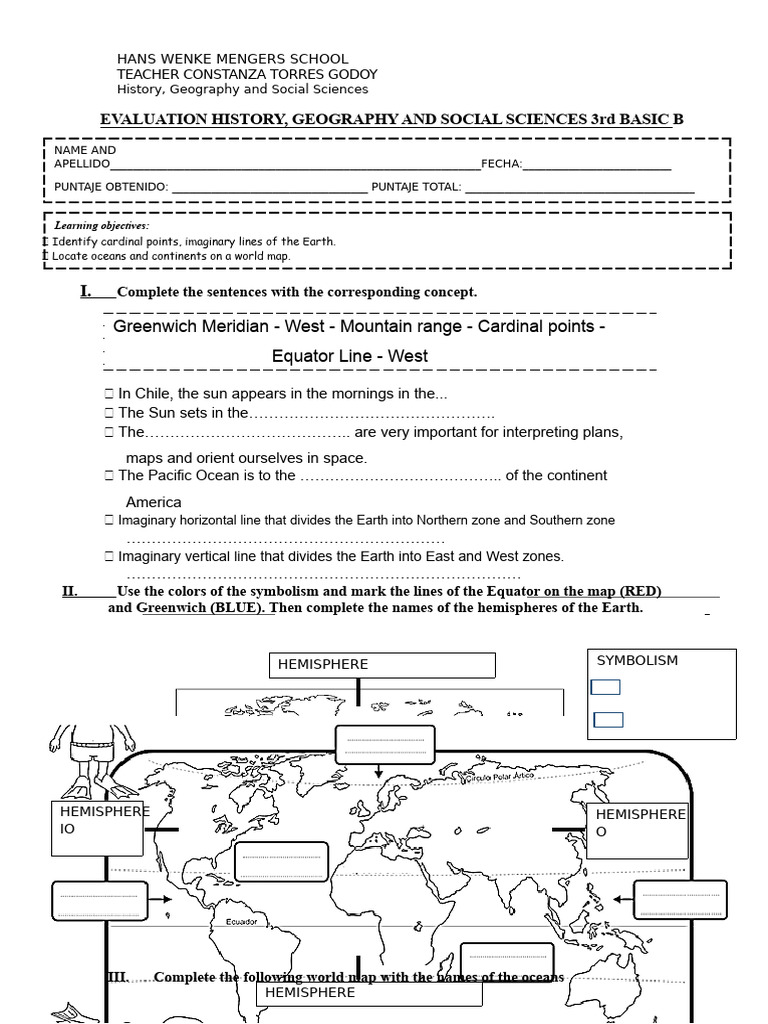 3rd Grade Geography Evaluation Worksheet | PDF | Geography | Map