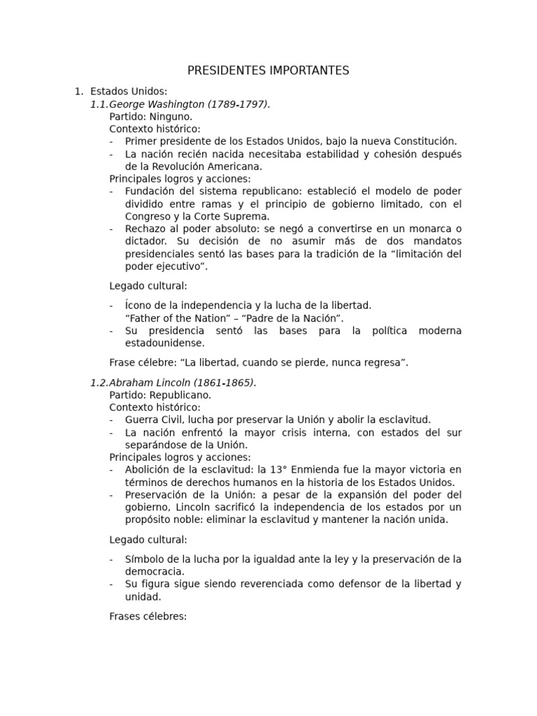 Presidentes Importantes | PDF | Los Estados Unidos | Abraham Lincoln