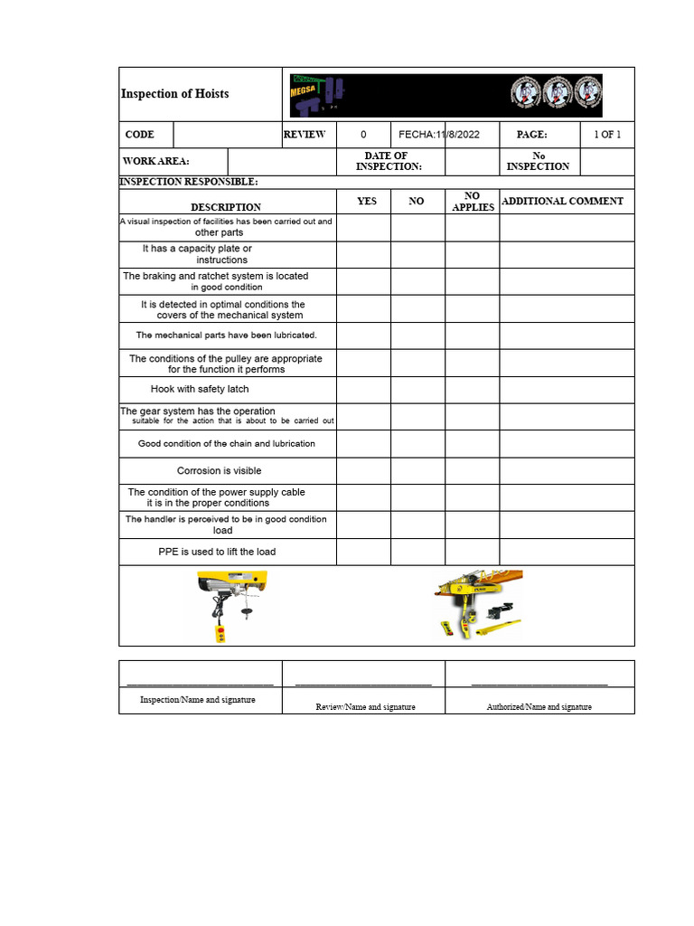 Hoist and Manipulator Checklist | PDF | Vehicles | Manufactured Goods