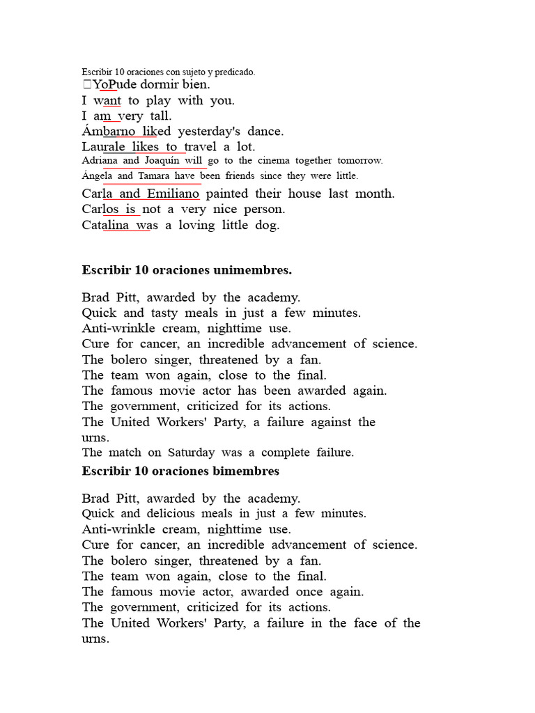 Write 10 Sentences With Subject and Predicate. | PDF