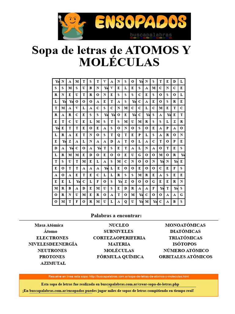 Sopa de Letras: Átomos y Moléculas | PDF | Átomos | Moléculas