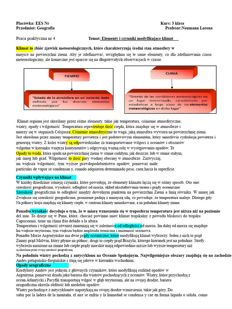 Praca praktyczna nr 4 ELEMENTY I CZYNNIKI KLIMATU | PDF