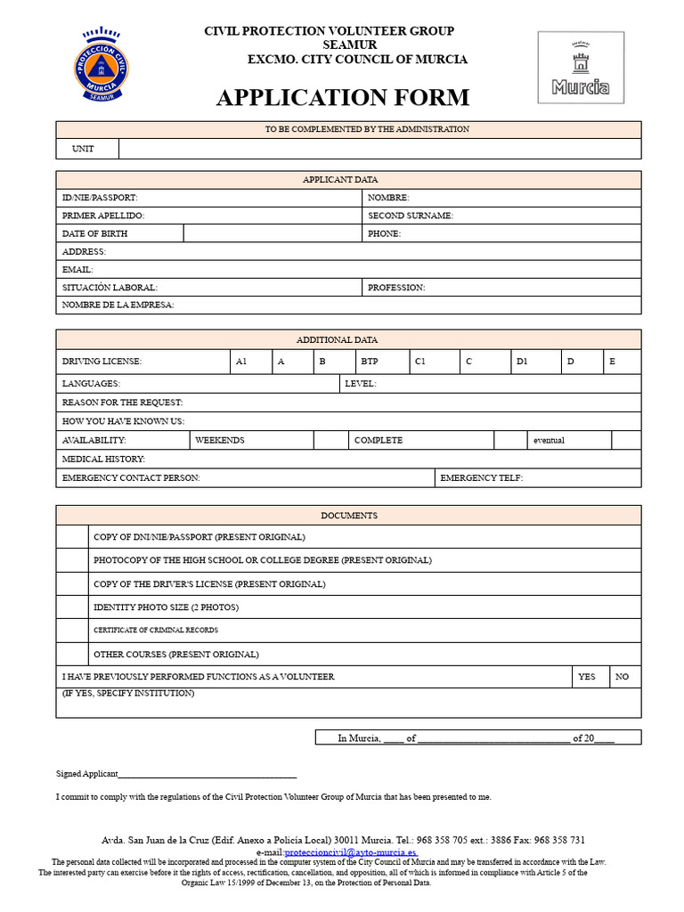 Application Form For Registration in Civil Protection Murcia | PDF ...
