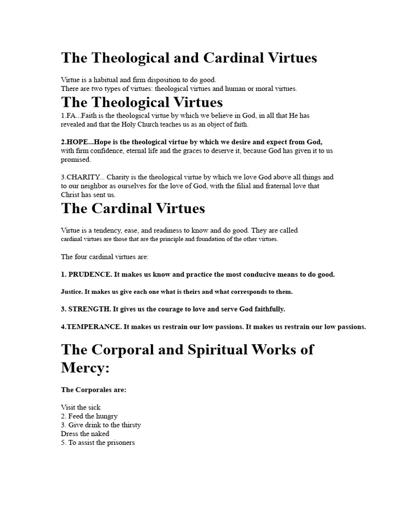 Summary of Theological and Cardinal Virtues | PDF