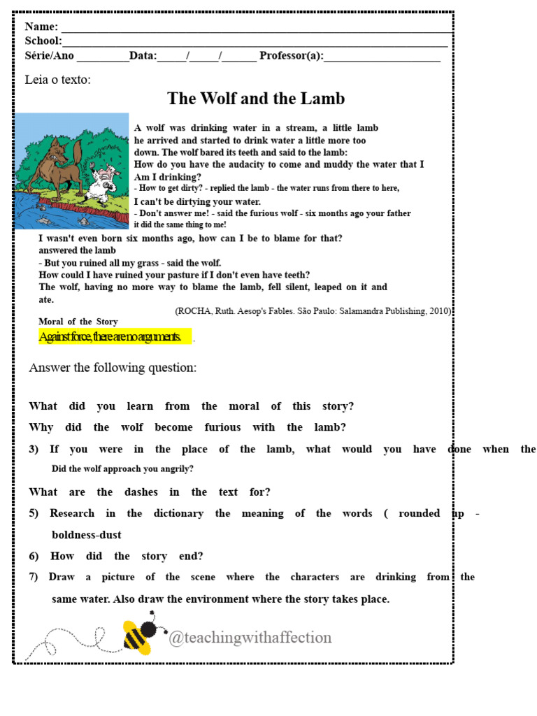 Lesson Plan: The Wolf and the Lamb | PDF | Animal Tales | Fable