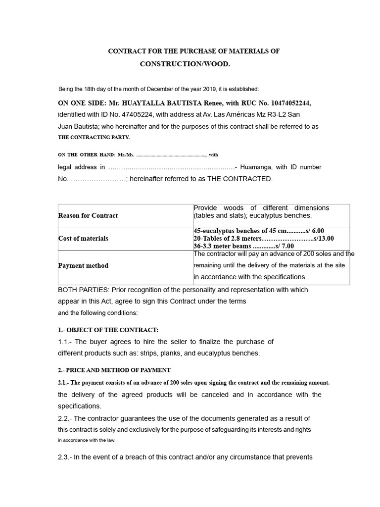 CONTRACT FOR THE PURCHASE OF CONSTRUCTION MATERIALS | PDF | Business ...