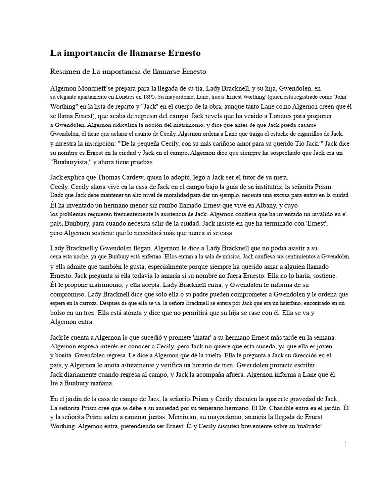 La Importancia de Ser Serio / Resumen | PDF | Verdad | Homosexualidad