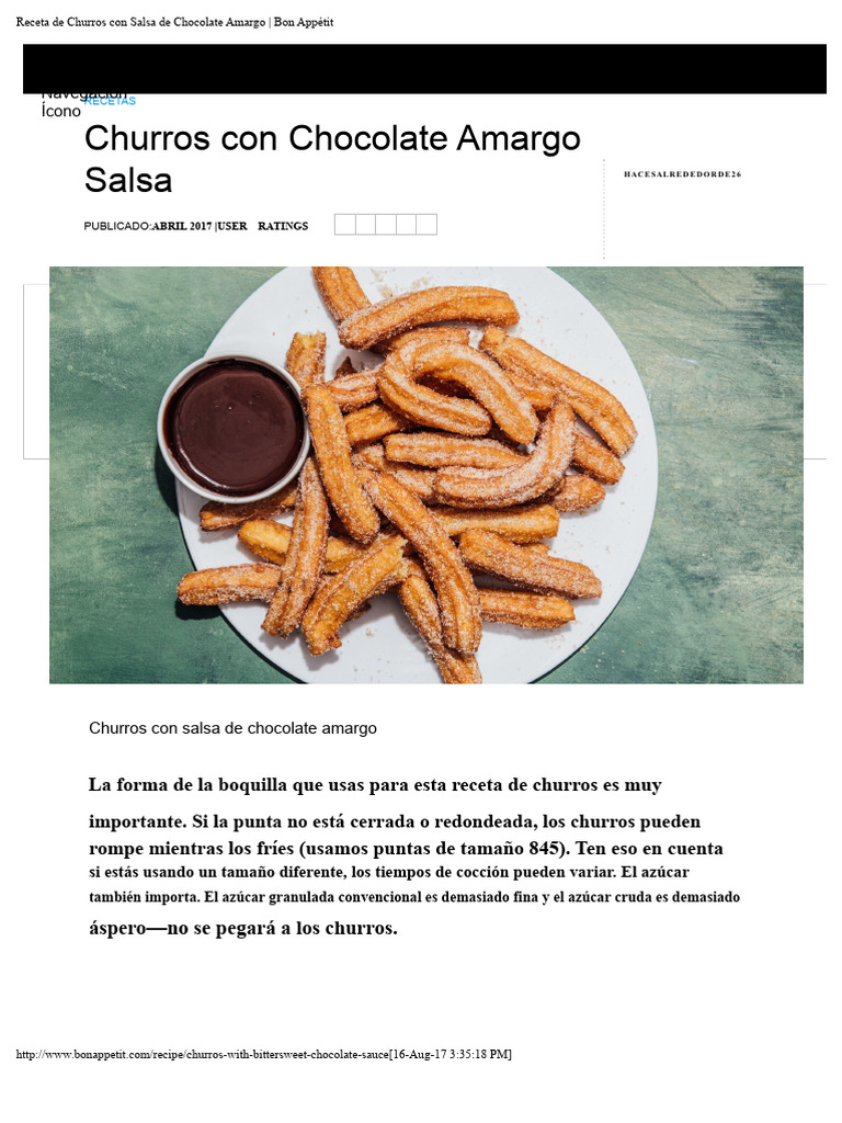 Receta de Churros Con Salsa de Chocolate Amargo Bon Appétit 3 | PDF ...
