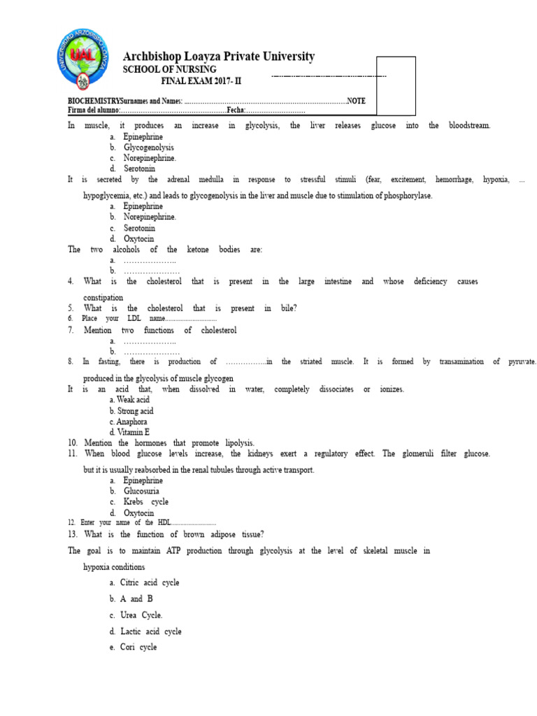 Biochemistry Final Exam 2017-II | PDF | Glycolysis | Metabolism