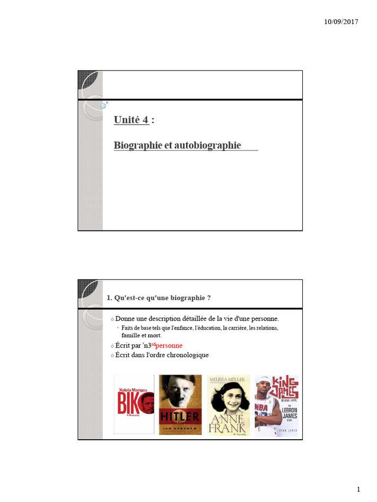 Biographie et autobiographie : définitions et distinctions | PDF ...