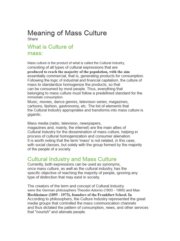 Meaning of Mass Culture | PDF | Popular Culture | Liberal Arts Education