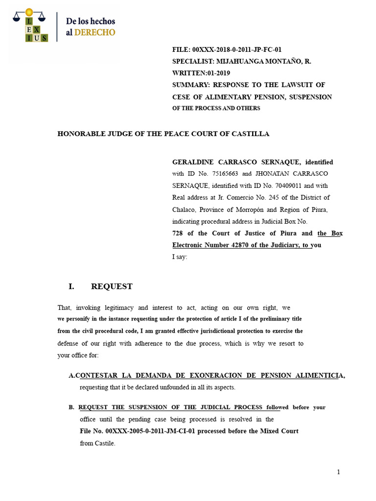 Model of Response To The Demand For Termination of Alimony | PDF ...