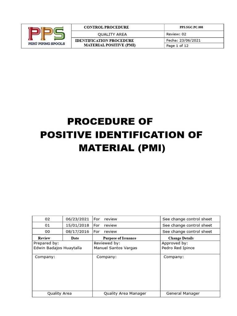 Positive Material Identification Procedure | PDF | Stainless Steel | Steel