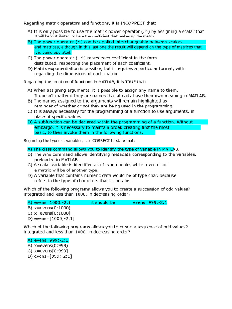 POSSIBLE QUESTIONS FINAL EXAM MATLAB BASIC | PDF | Matrix (Mathematics ...