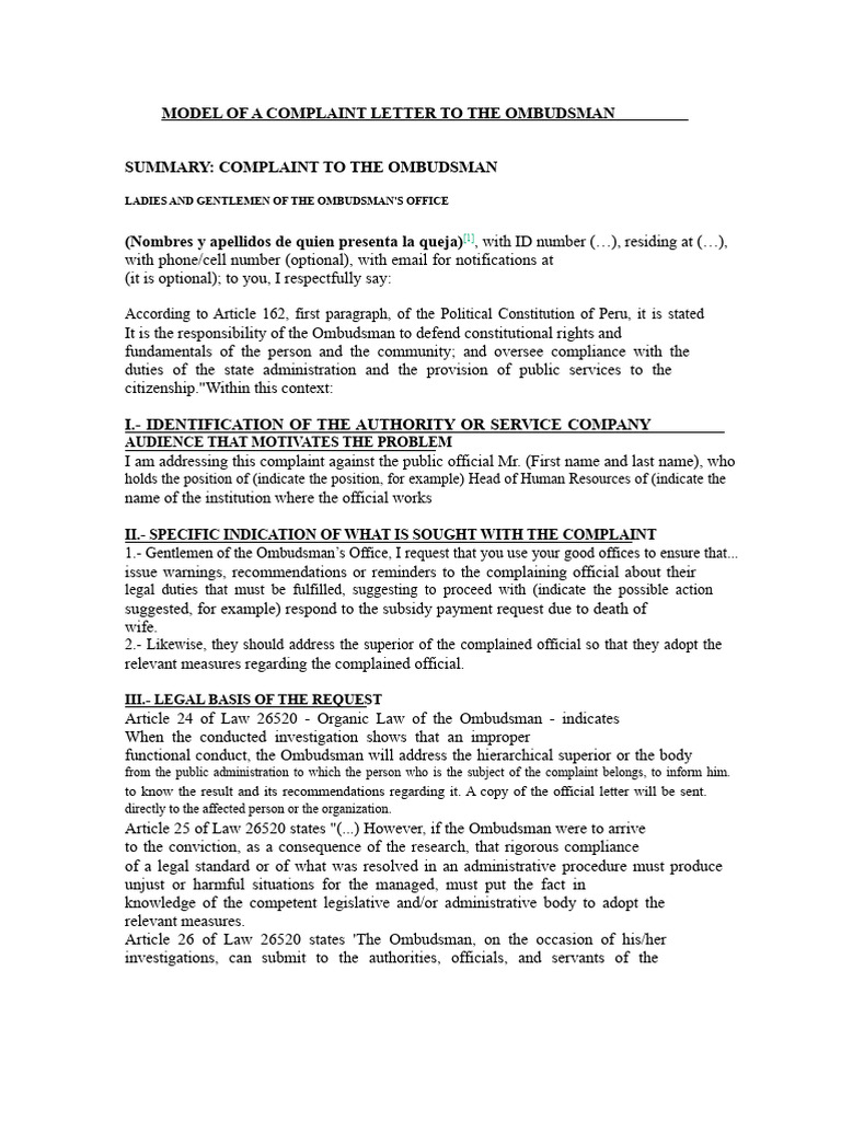 MODEL OF COMPLAINT LETTER TO THE OMBUDSMAN | PDF | Complaint | Justice