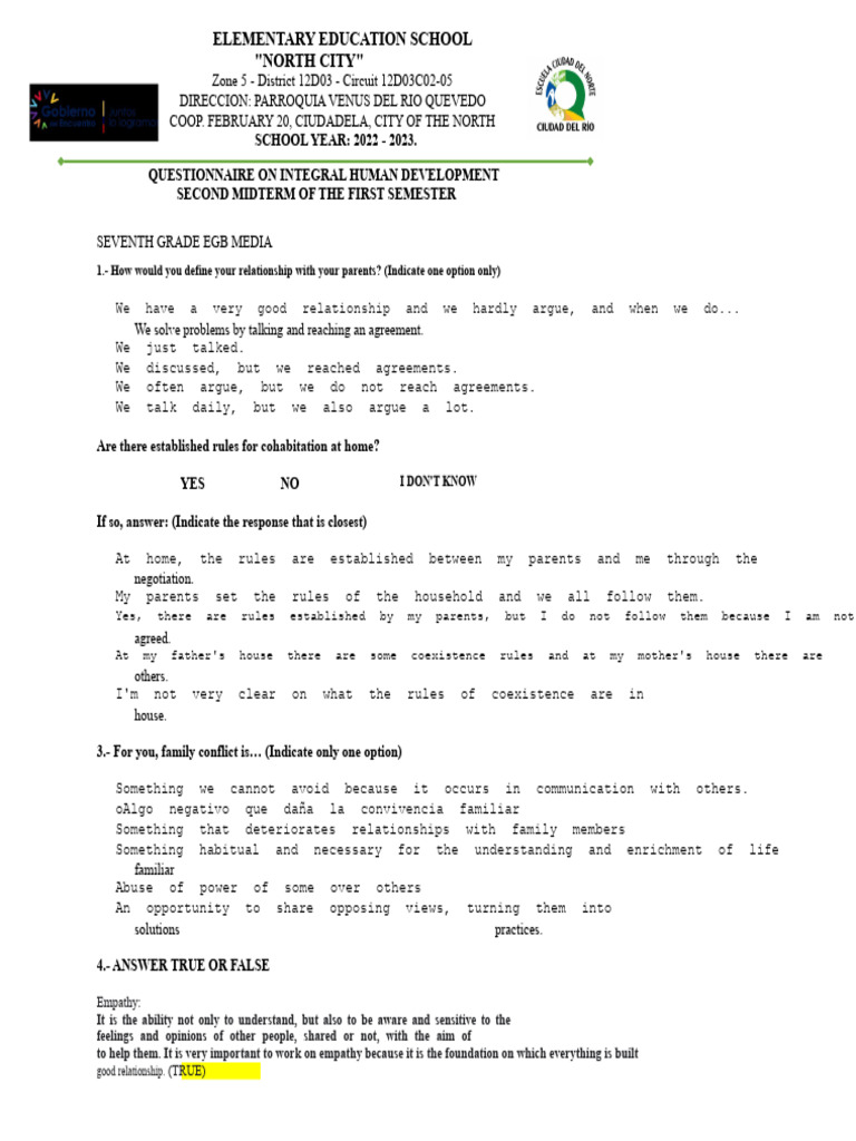 COMPREHENSIVE HUMAN DEVELOPMENT QUESTIONNAIRE Seventh | PDF ...