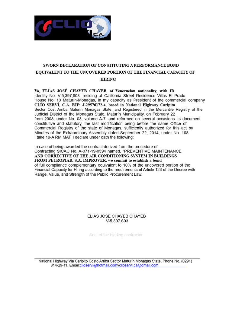 Sworn Declaration for Performance Bond | PDF