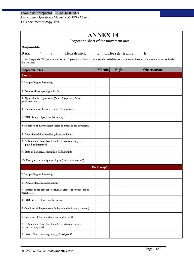 Attachment 14 Movement Area Inspection Form | PDF | Runway | Aviation