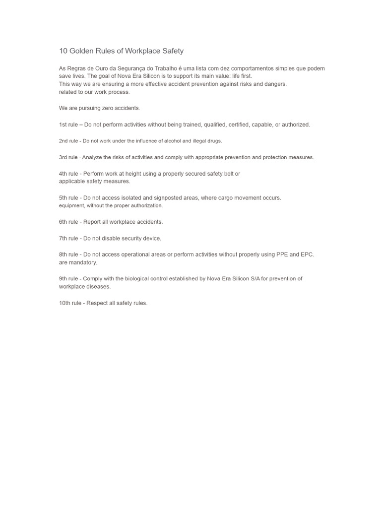 10 Golden Rules of Workplace Safety | PDF