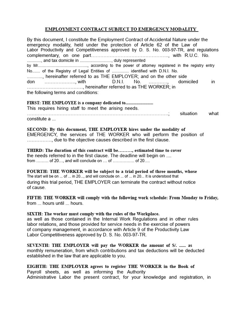 Emergency Employment Contract Template | PDF | Employment | Payroll