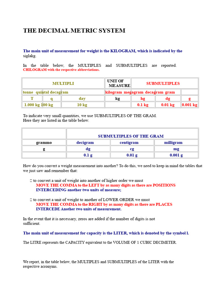 The Decimal Metric System | PDF | Litre | Kilogram