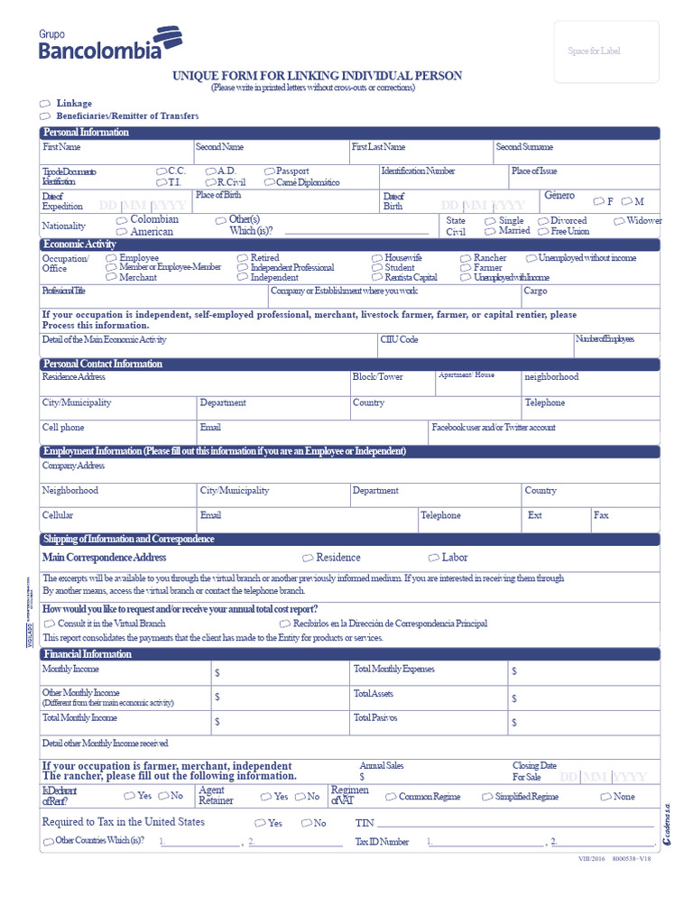 Unique Linking Form Bancolombia | PDF | Banks | Insurance