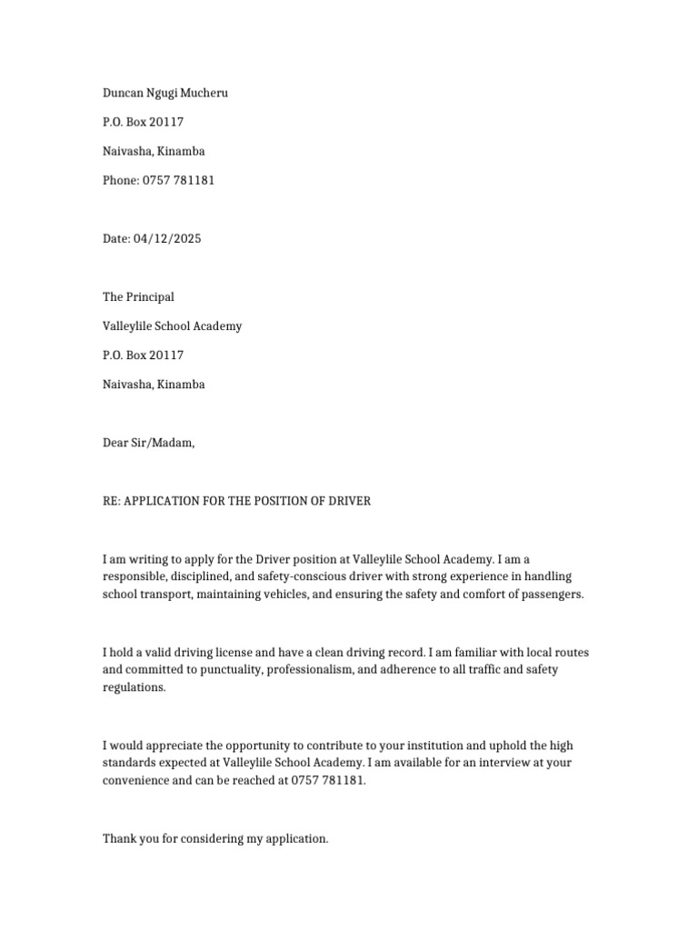 Driver Application for Valleylile Academy | PDF