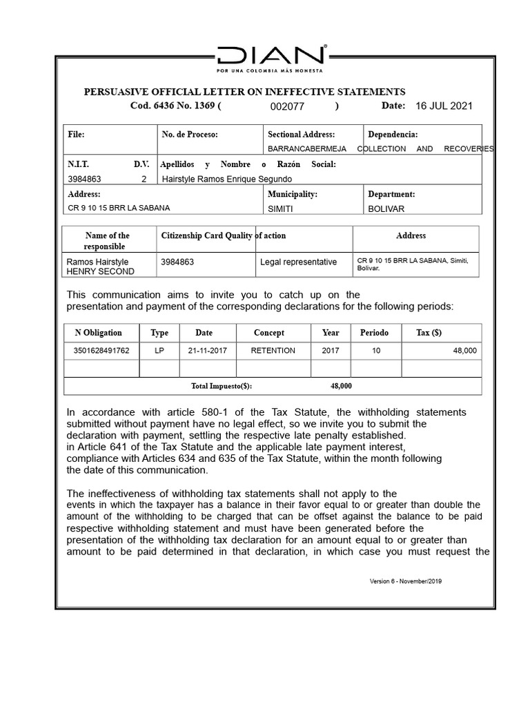 Persuasive Official Letter On Ineffective Statements Cod. 6436 No. 1369 ...