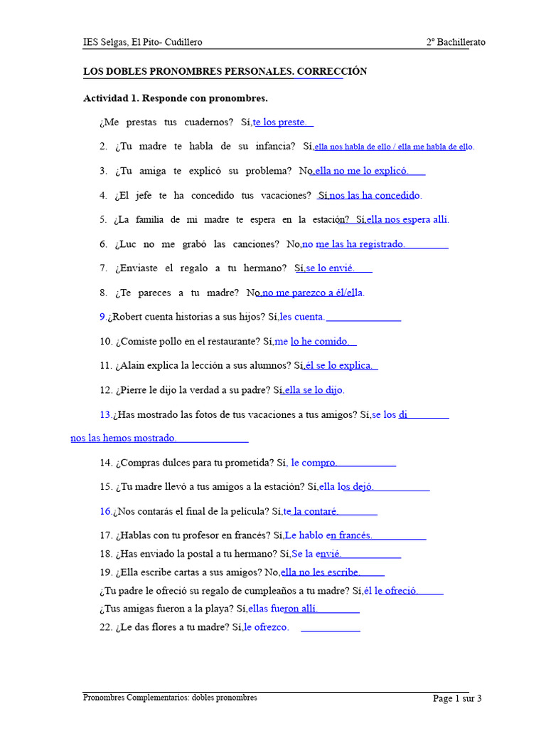 Dobles Pronombres Complementos Corrige | PDF