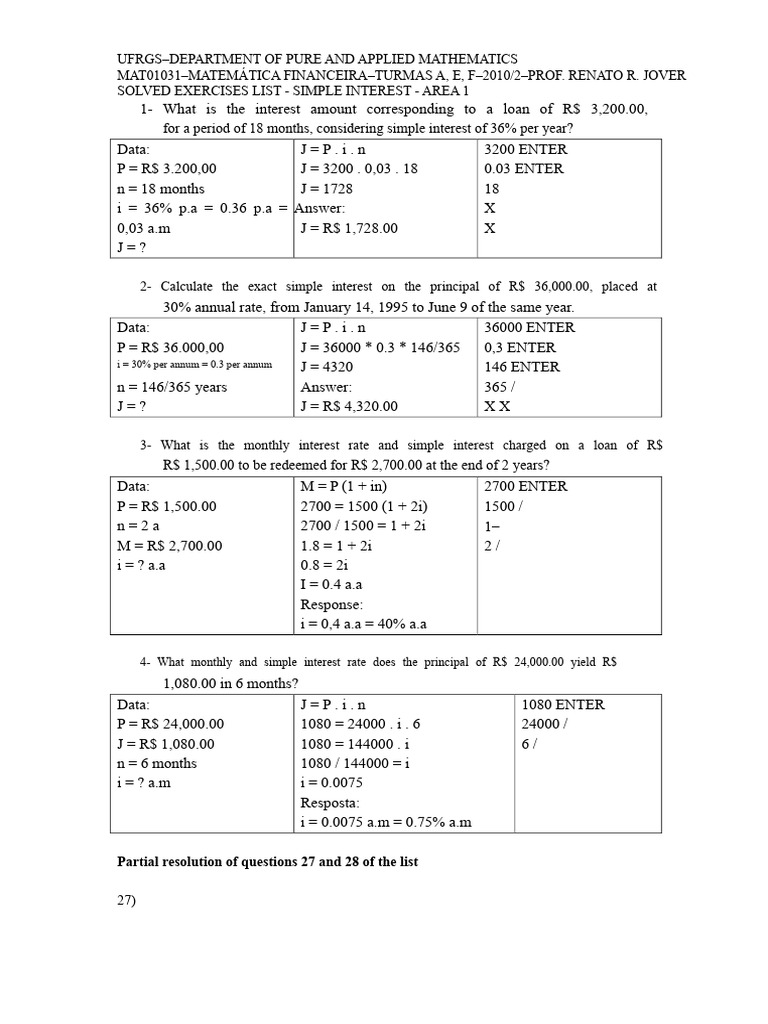 Solved Simple Interest Exercises | PDF | Interest | Equations